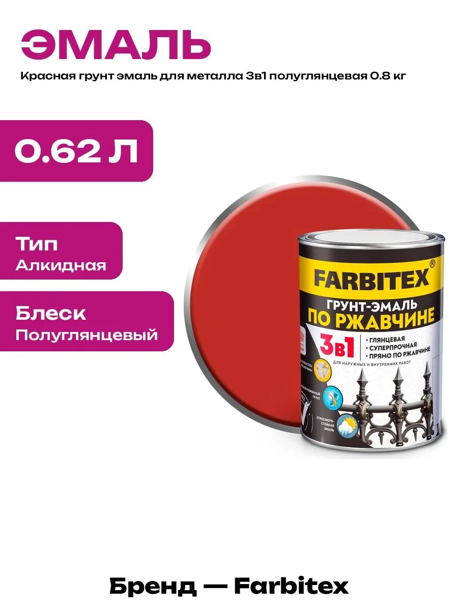 Краска по металлу и ржавчине 3в1 красная полуглянец 0.8 кг