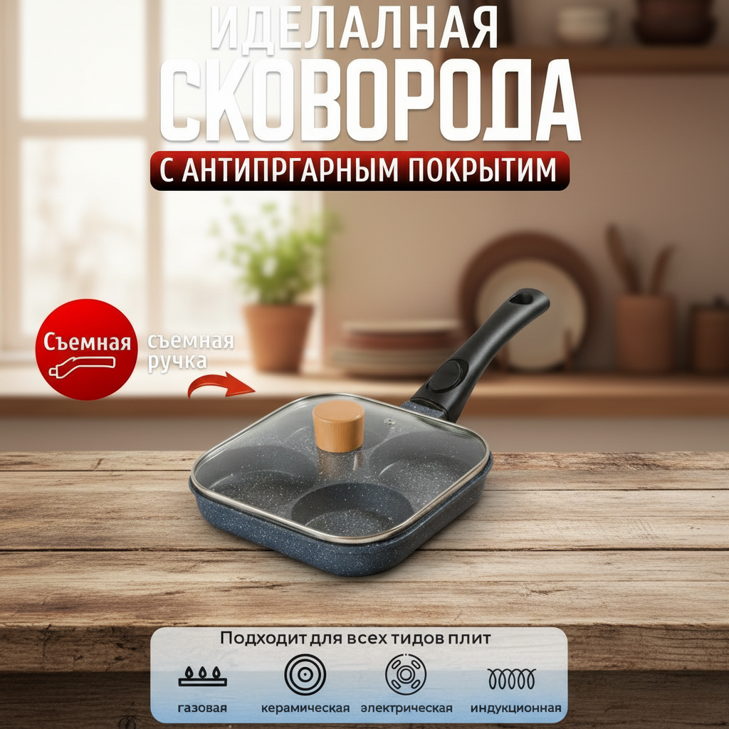 Серая секционная сковорода с антипригарным покрытием ручка съемная