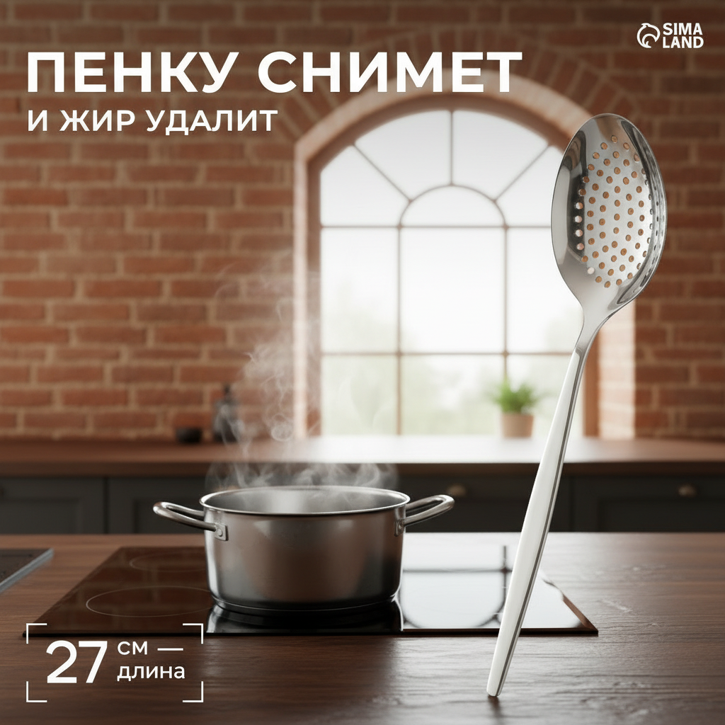 Ложка для снятия пены 27х6 см 2 5 мм серебристая профессиональная