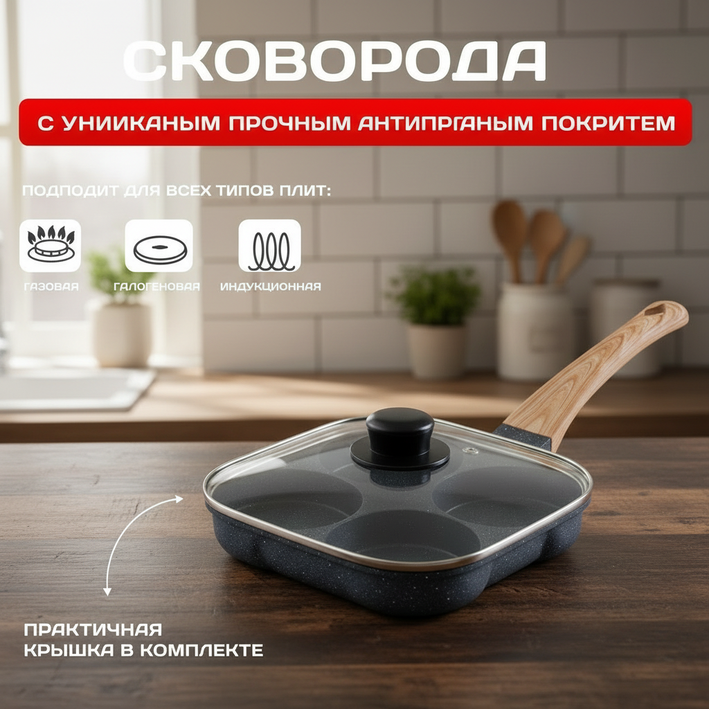 Серая секционная сковорода с антипригарным покрытием для оладий блинов яичницы