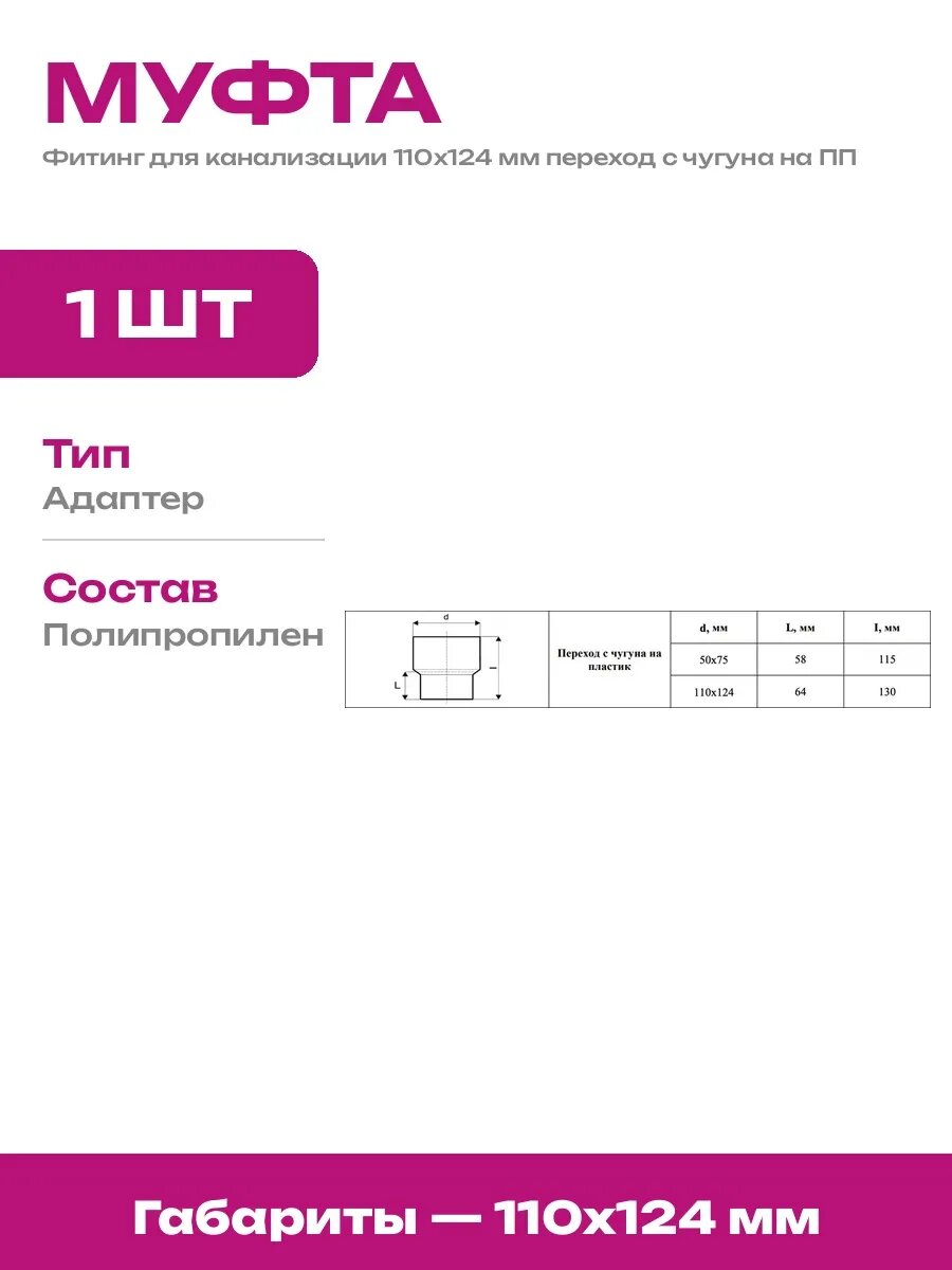 Фитинг переходной 110 124 для чугунной трубы с манжетой