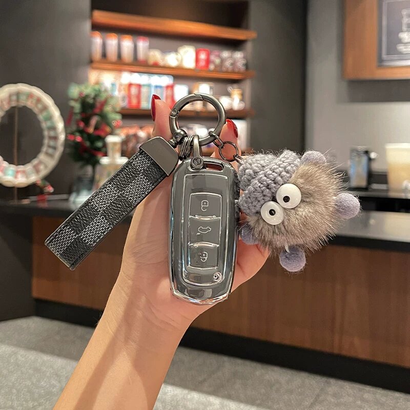 Ключевой чехол для Geely Emgrand B модель, темно-серый с черной клетчатой пряжкой и серой взрывной головкой,