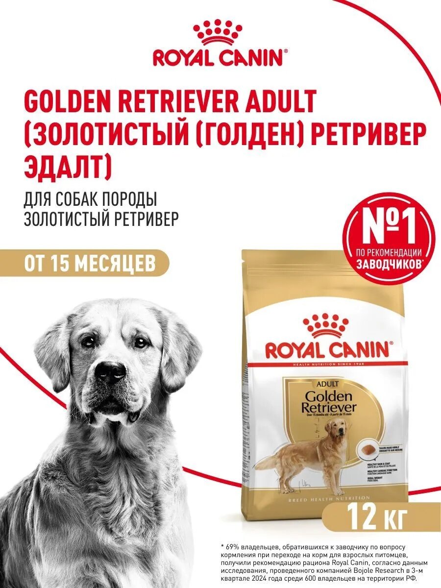 Сухой корм ROYAL CANIN GOLDEN RETRIEVER ADULT для собак породы золотистый ретривер, 12 кг