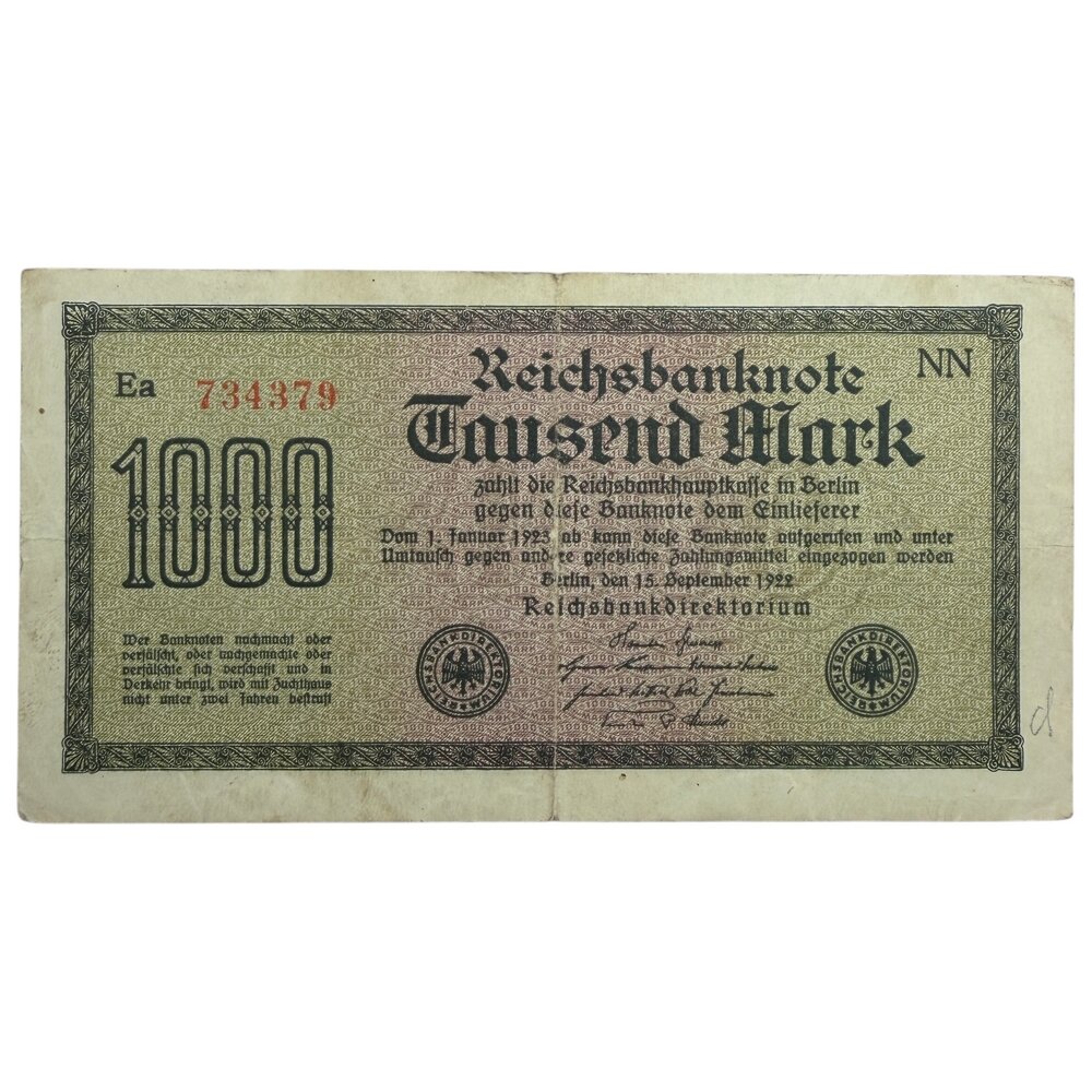 Веймарская республика (Германия) 1000 марок 1922 г. (ВЗ - Шипы, I) (Литера NN) (Серия Ea)