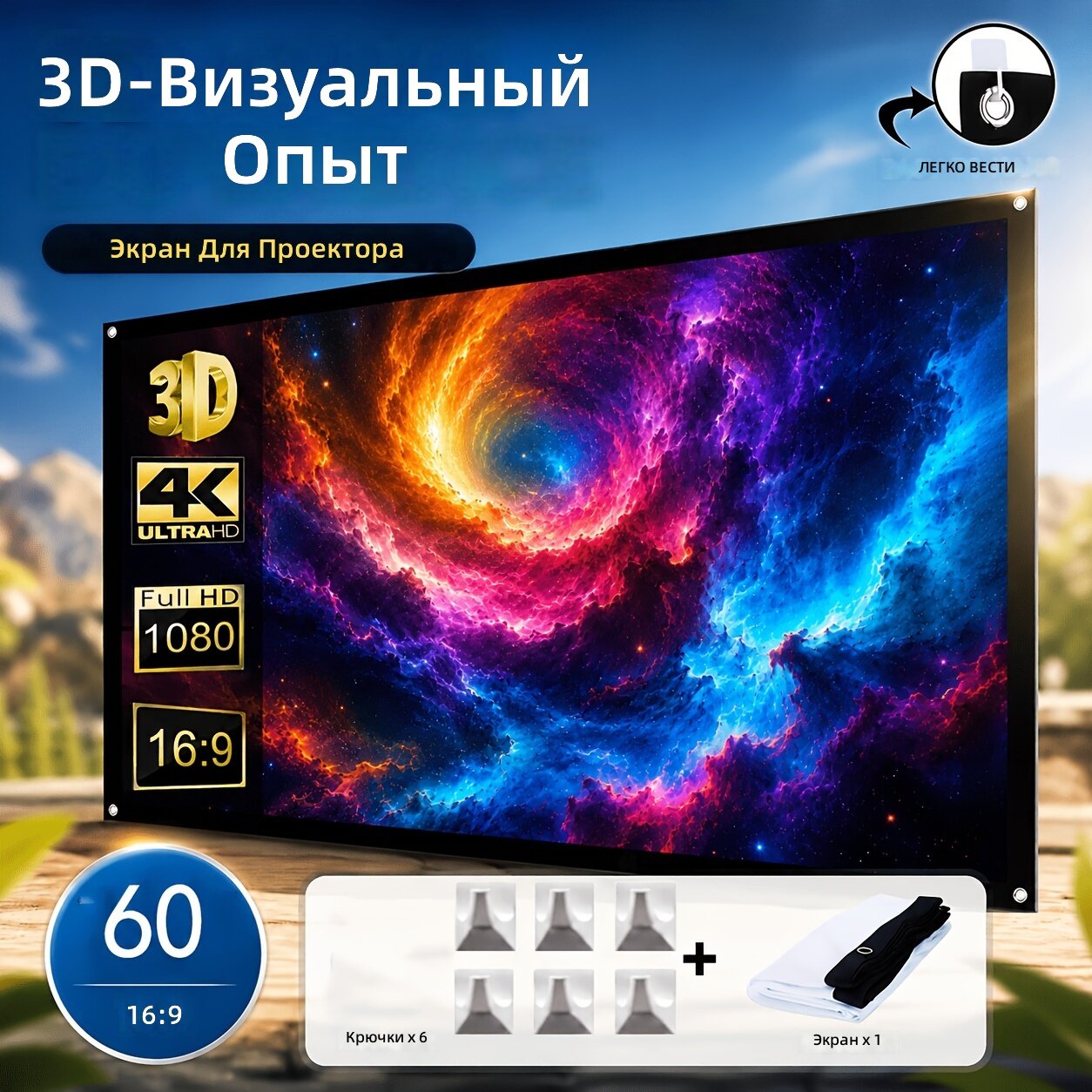Складной проекционный экран 60 дюймов, соотношение сторон 16:9, без морщин, комплект из 7 предметов (экран и 6 крючков), ультравысокая чёткость, портативный лёгкий экран для домашнего кинотеатра, улицы, класса, презентаций, игровых консолей