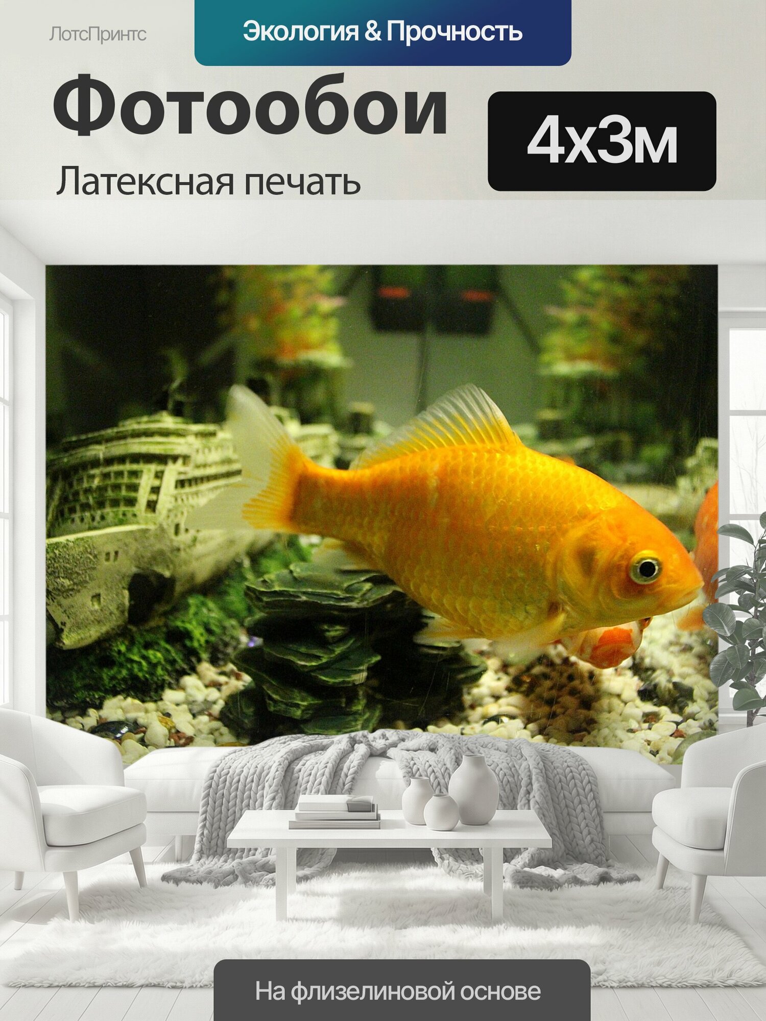 Фотообои моющиеся ударопрочные "Рыбы, золотая рыбка, аквариум" 400x300 см. латексная печать
