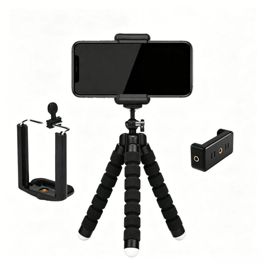 Гибкий штатив для смартфонов и камер с шаровой головкой 360°, регулируемым зажимом и нескользящими опорами, черный комплект из 3 предметов (1 кронштейн + 2 сменные головки) для видеосъемки и путешествий