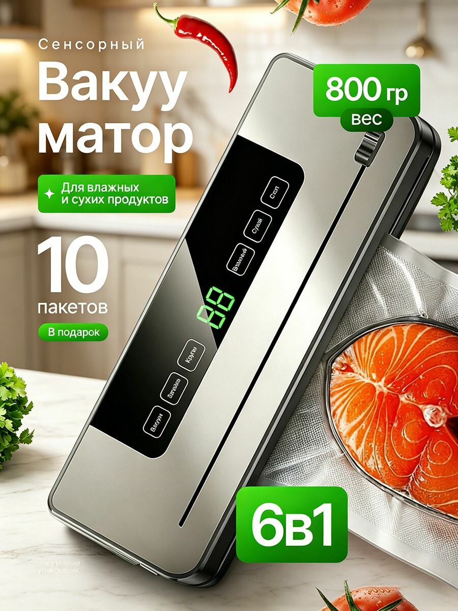Вакуумный упаковщик, с резаком, сенсорный, для продуктов, 120 Вт