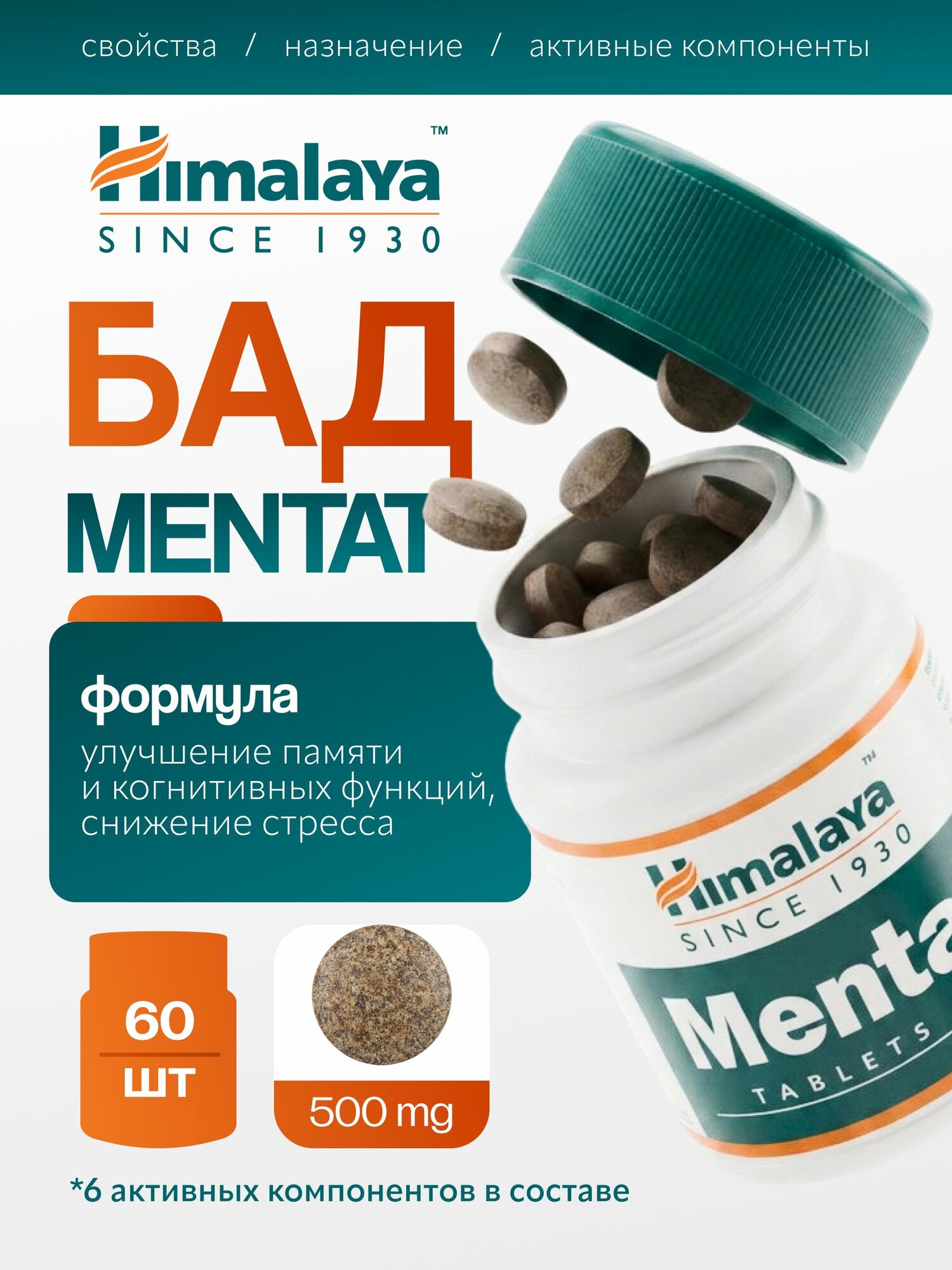 Ментат Хималая (Mentat Himalaya) для улучшения памяти и концентрации, 60 таблеток