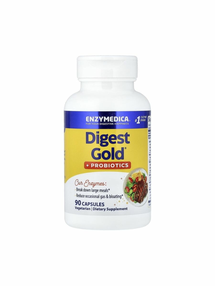 Enzymedica, Digest Gold + Probiotics, Ферменты для пищеварения комплекс + пробиотики, 90 капсул, для кишечника, расщепляет углеводы, жиры, клетчатку и белок