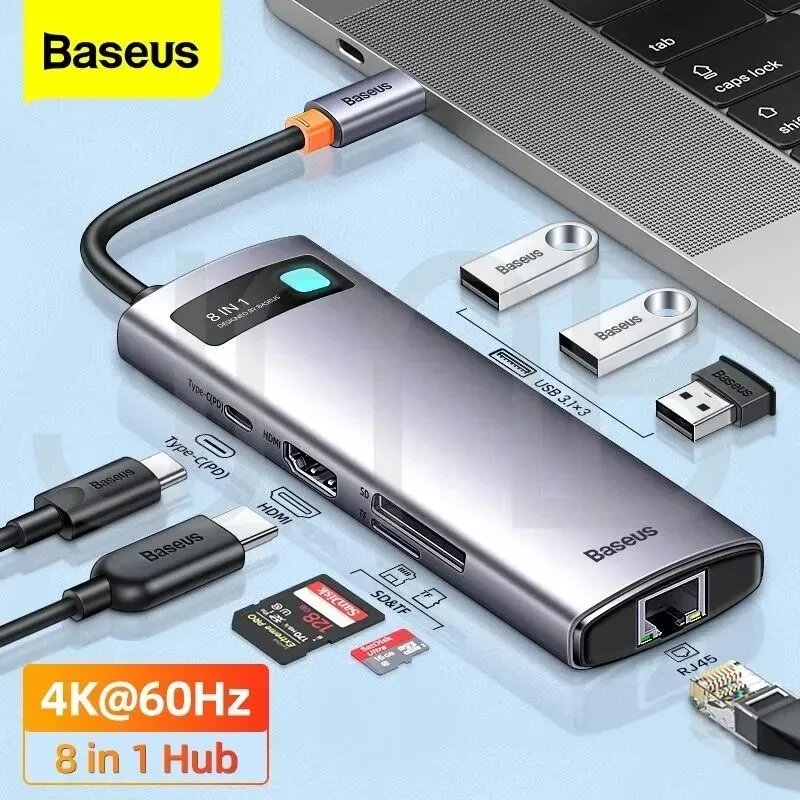 Baseus 8 in 1 USB-C Hub HDMI 4K 60Hz RJ45 SD/TF Card Reader PD 100W Type-C Adapter