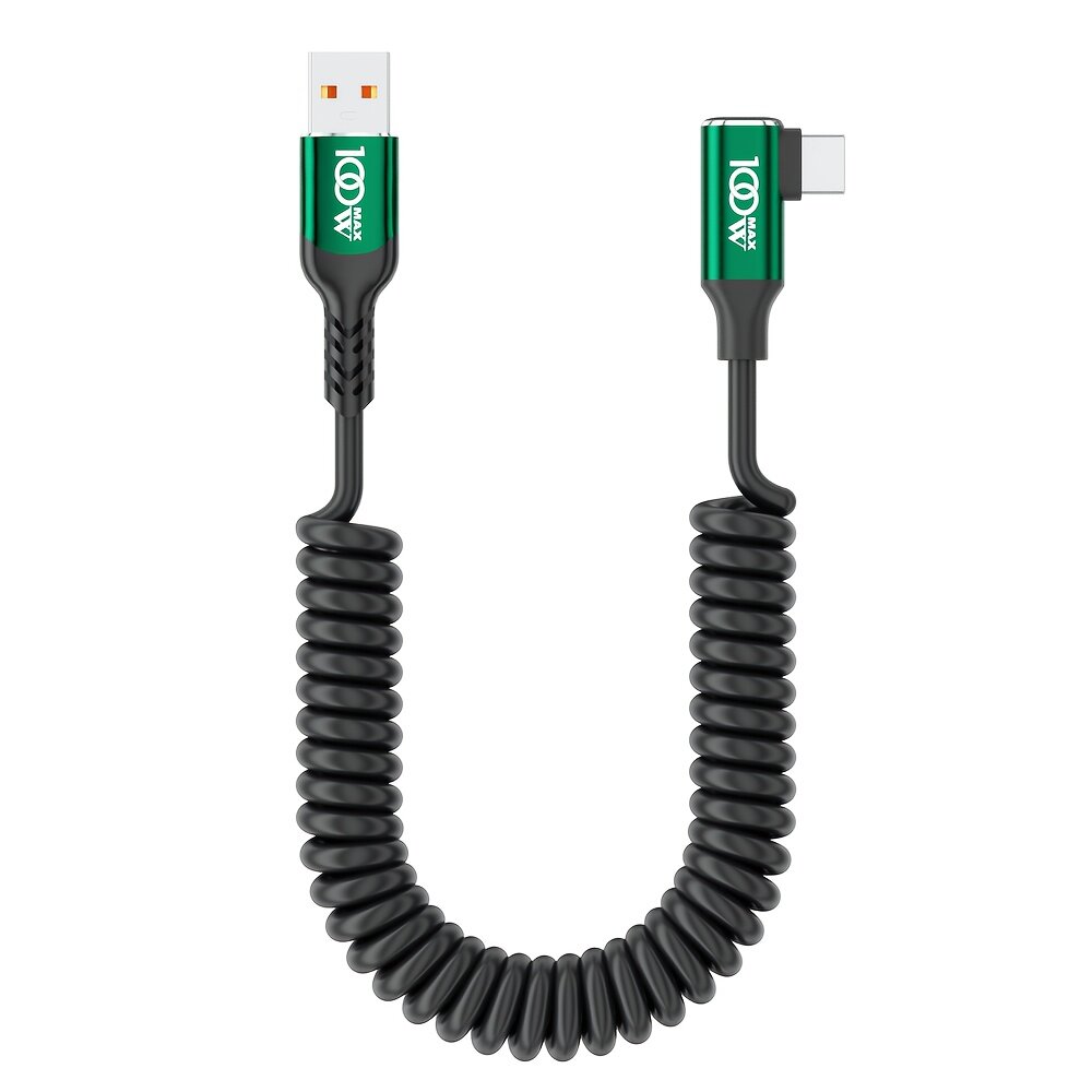 USB Type-C кабель 100W с угловым разъёмом 90°, быстрая зарядка PD, пружинный, зелёный