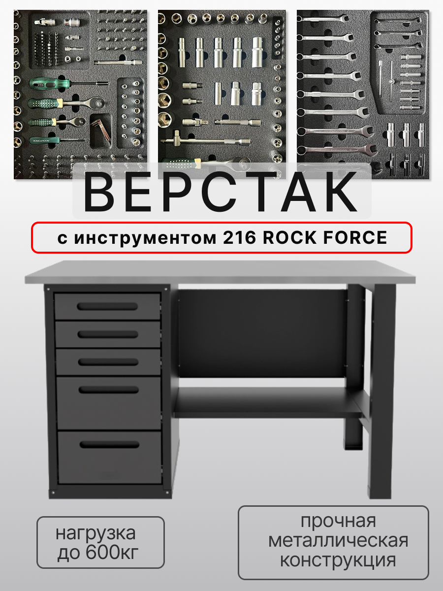 Верстак с набором инструментов 216 предметов Rock Force в Мягких ложементах, серый