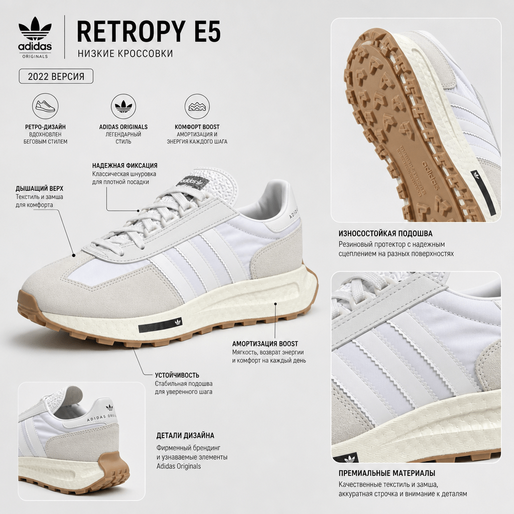 Кеды adidas Retropy E5, размер 40 EU, серебряный, белый — фото 1