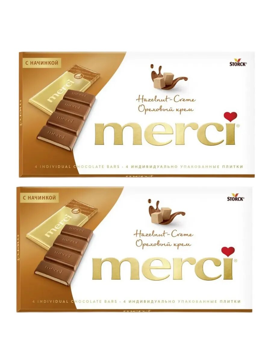 Merci Молочный шоколад с ореховым кремом, 2 шт по 112 г