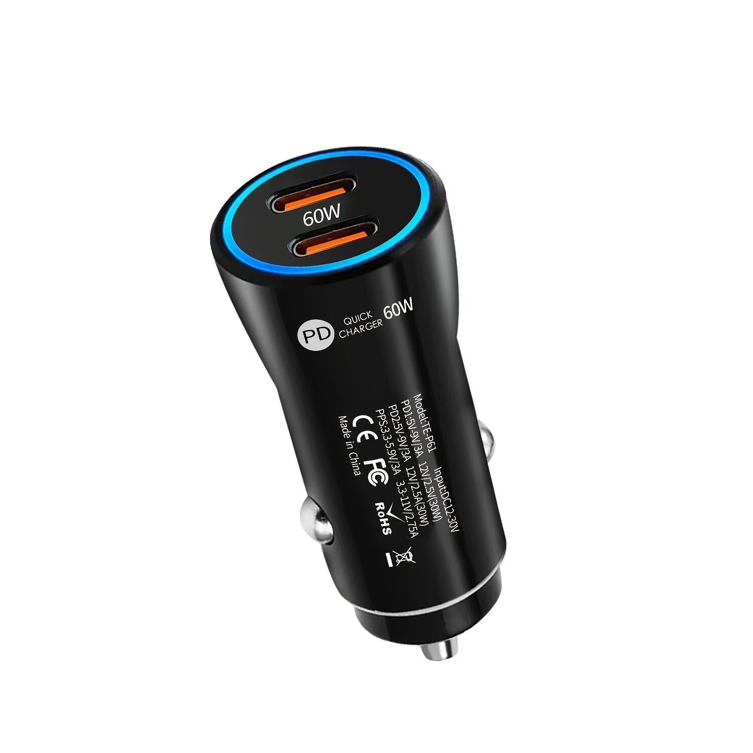 Автомобильное зарядное устройство с 2 портами USB-C, 60 Вт, быстрая зарядка, черный, 1 шт.