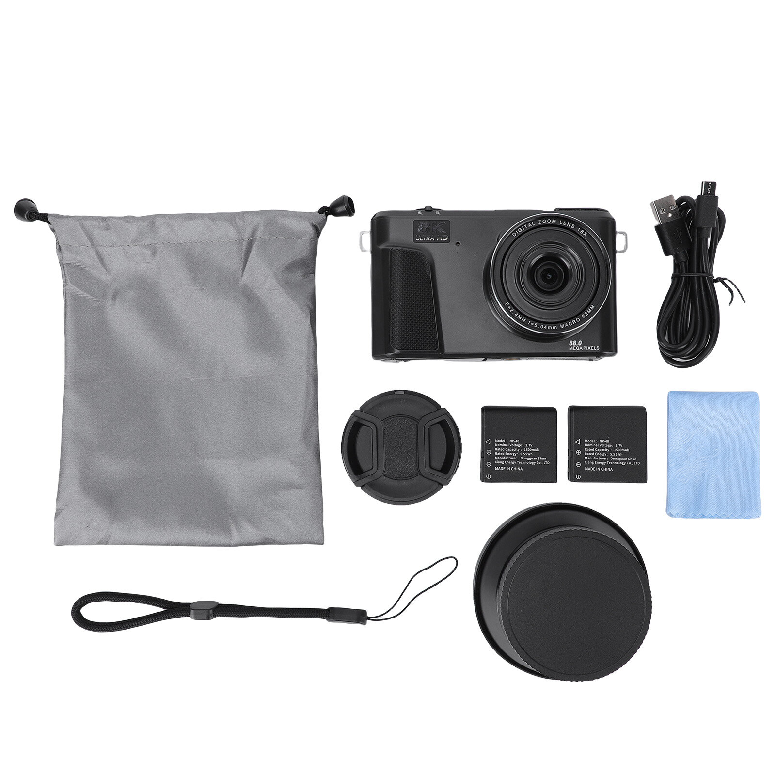 88MP 8K Camera 18X Zoom Autofocus 3 Inch 180° Flip Screen Dual Battery WiFi Mirrorless Camera with Lens Cap 32GB Memory Card for Photography Black