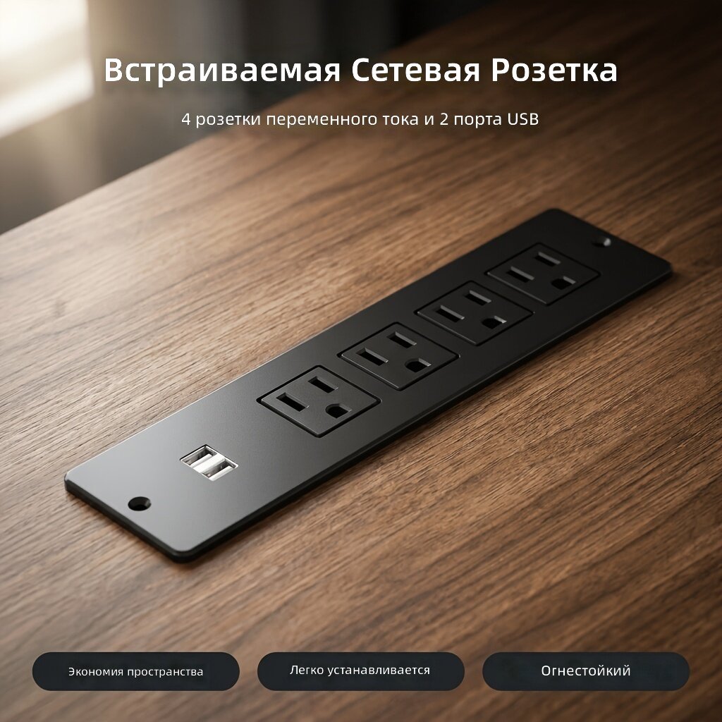 Встраиваемая розетка-удлинитель с 2 портами USB и 2 портами USB4, черный, для дома и офиса