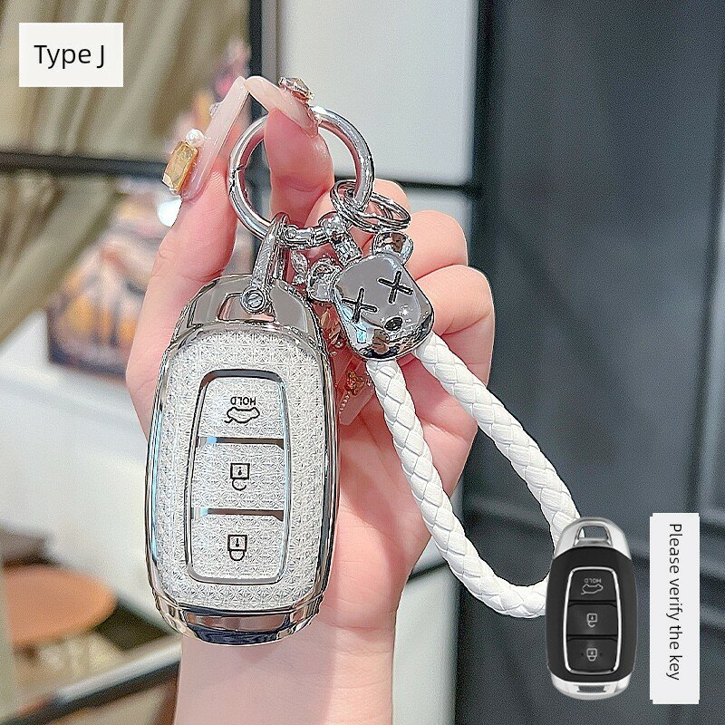 Кейс для ключа Hyundai J Series Smart 3-Key кристалл белый с веревочной лентой, современный вид для авто Hyundai
