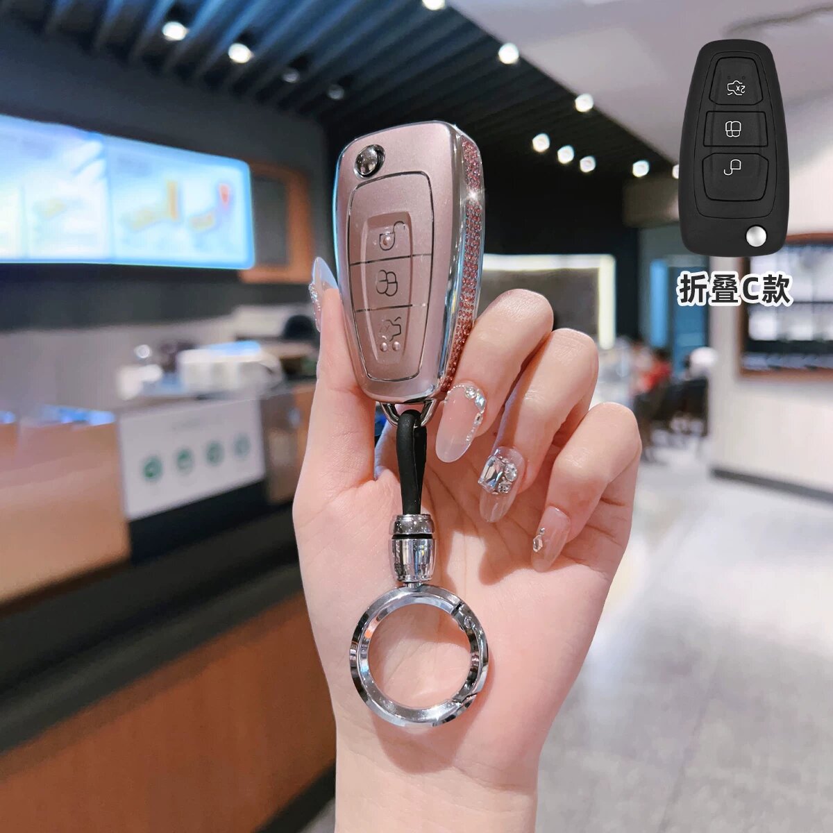 Ключевой брелок для Ford Focus 2025-2026, складной, 3 кнопки, розовый одинарный корпус с кольцом, автомобильный