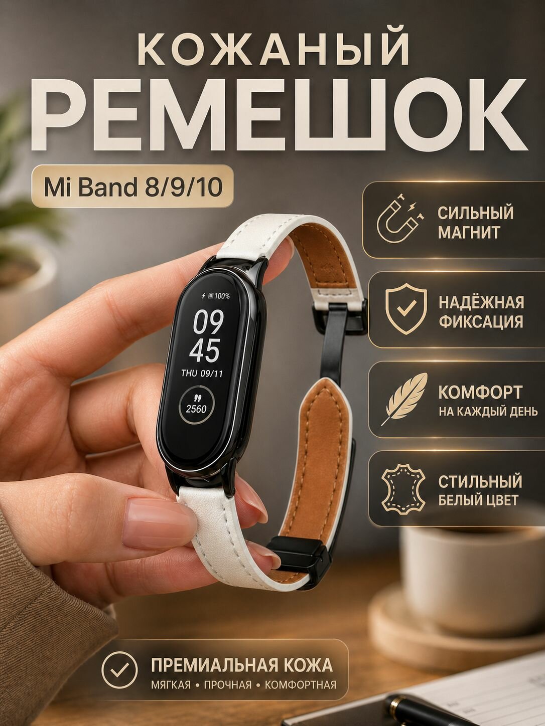 Ремешок MI Band 8/9/10 белый из эко кожи с магнитом