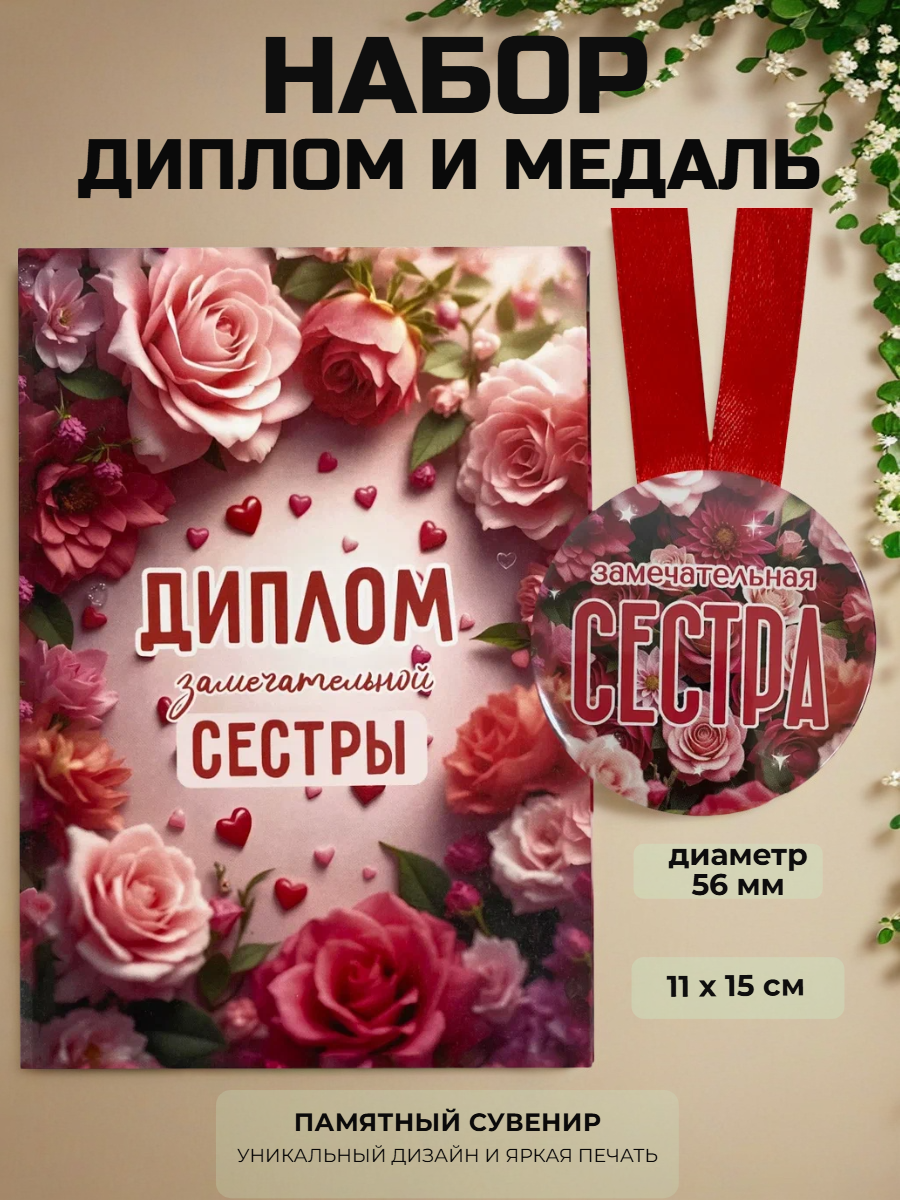 Шуточный диплом "Замечательной сестры" и сувенирная медаль с атласной лентой, набор