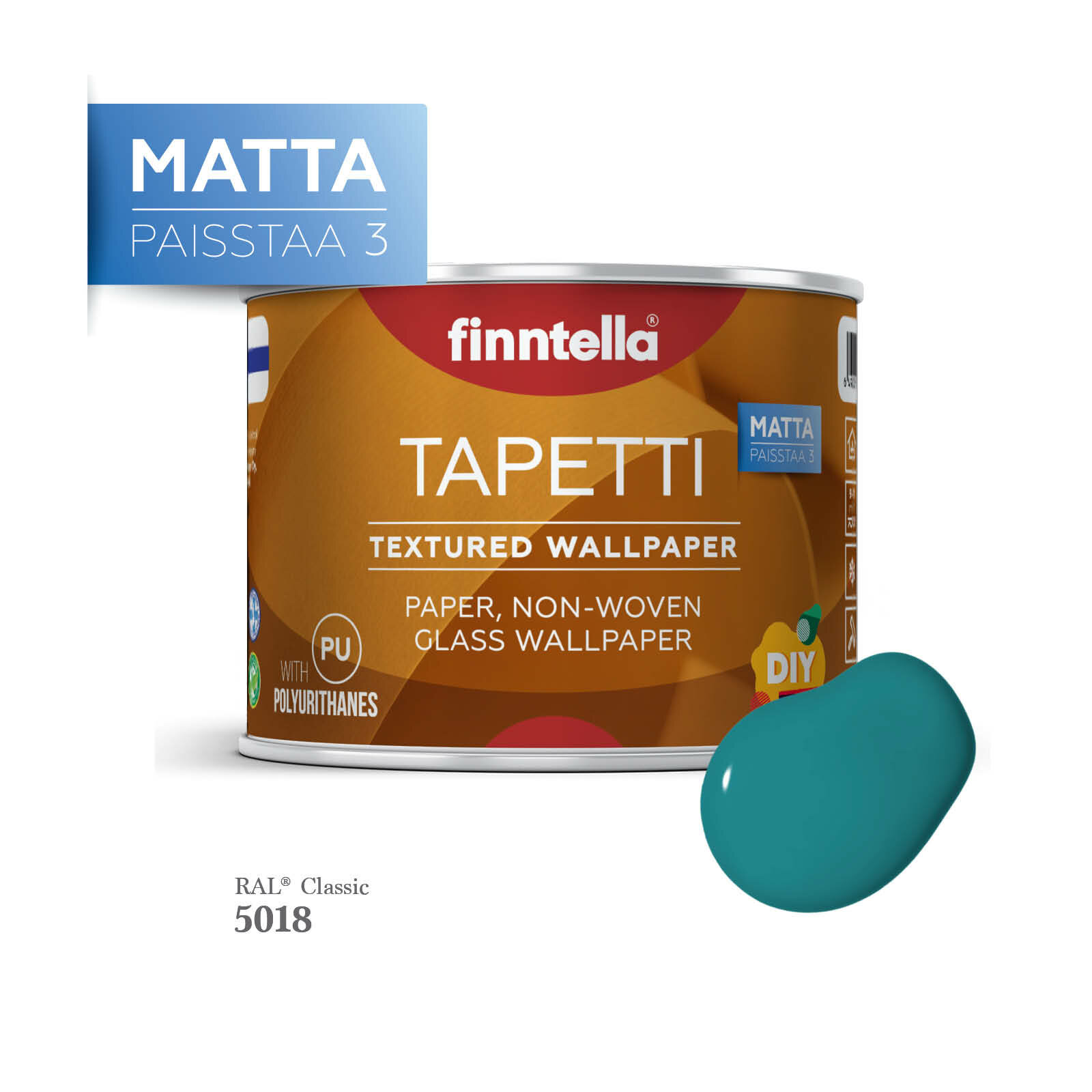 Матовая краска для обоев под окраску TAPETTI Matta FINNTELLA, Цвет RAL 5018 Бирюзово-синий (Turquoise blue), 0,45л