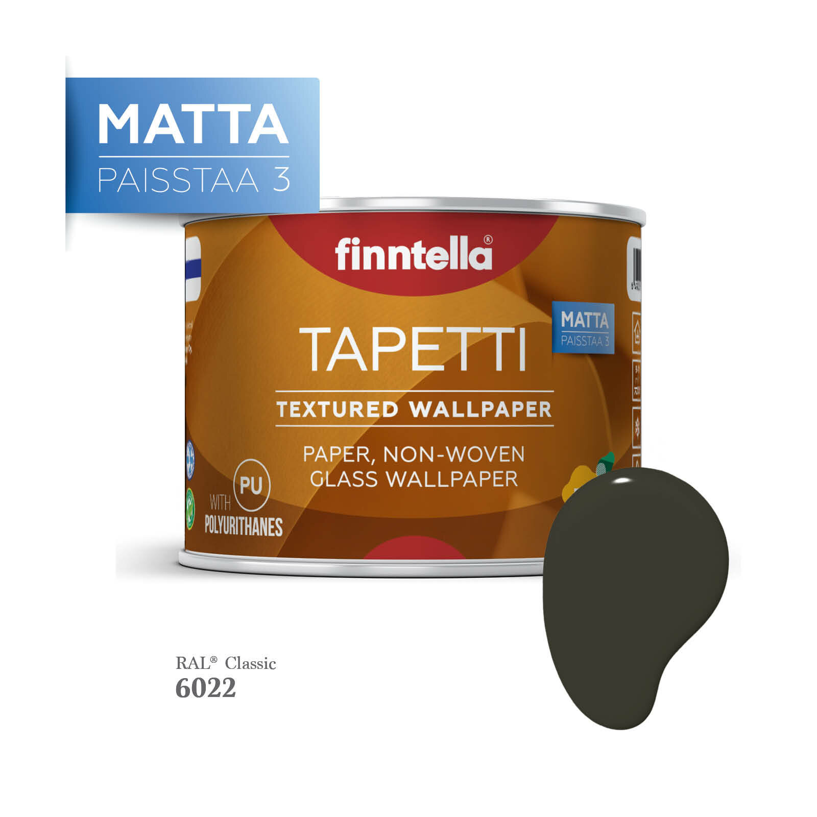 Матовая краска для обоев под окраску TAPETTI Matta FINNTELLA, Цвет RAL 6022 Коричнево-оливковый (Olive drab), 0,45л