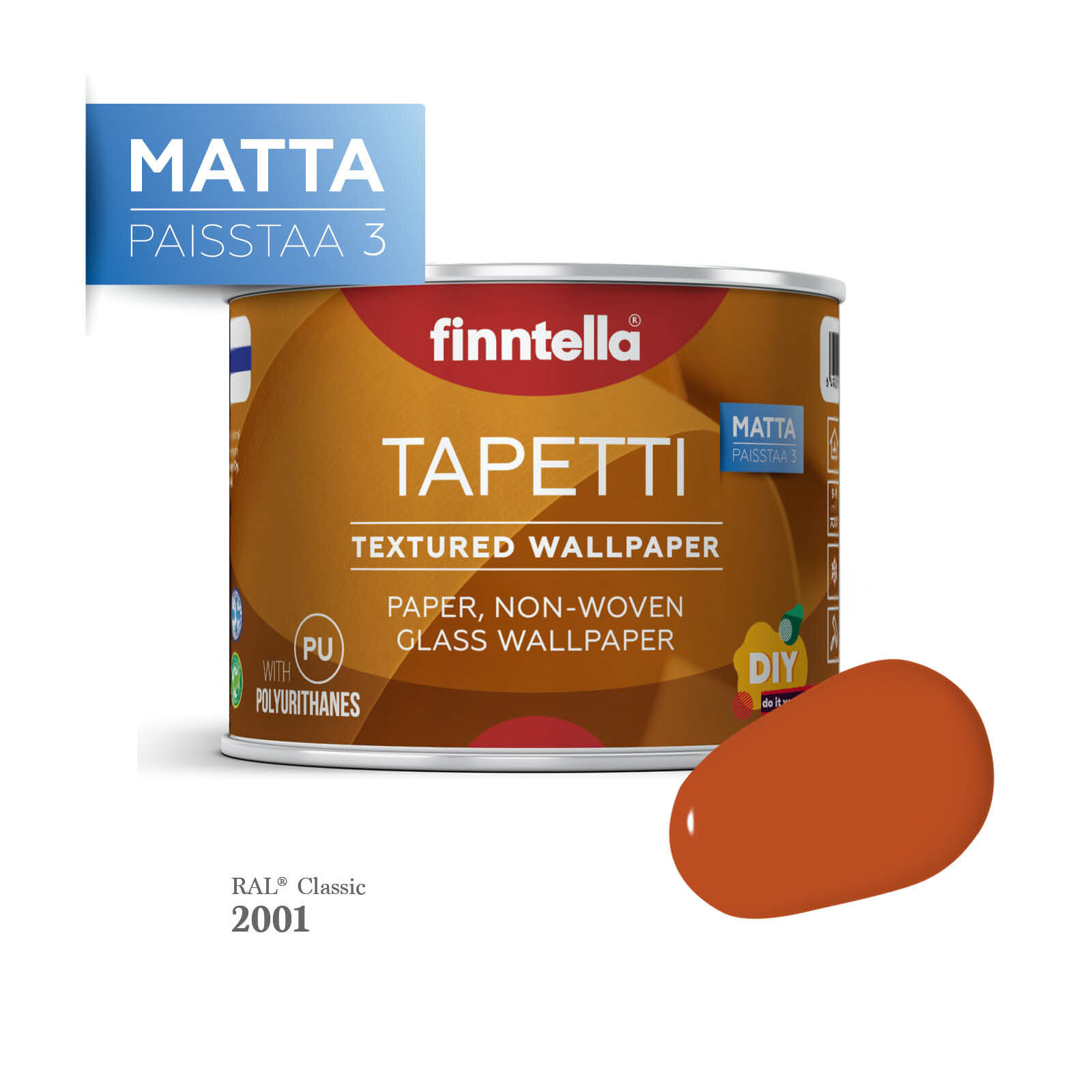 Матовая краска для обоев под окраску TAPETTI Matta FINNTELLA, Цвет RAL 2001 Красно-оранжевый (Red orange), 0,45л