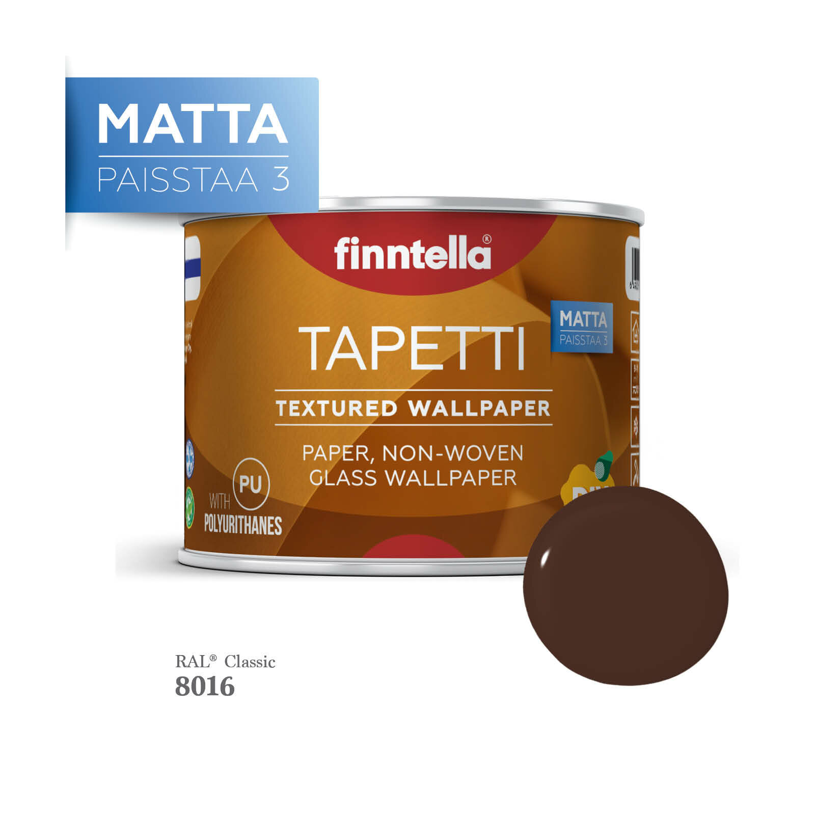 Матовая краска для обоев под окраску TAPETTI Matta FINNTELLA, Цвет RAL 8016 Махагон коричневый (Mahogany brown), 0,45л