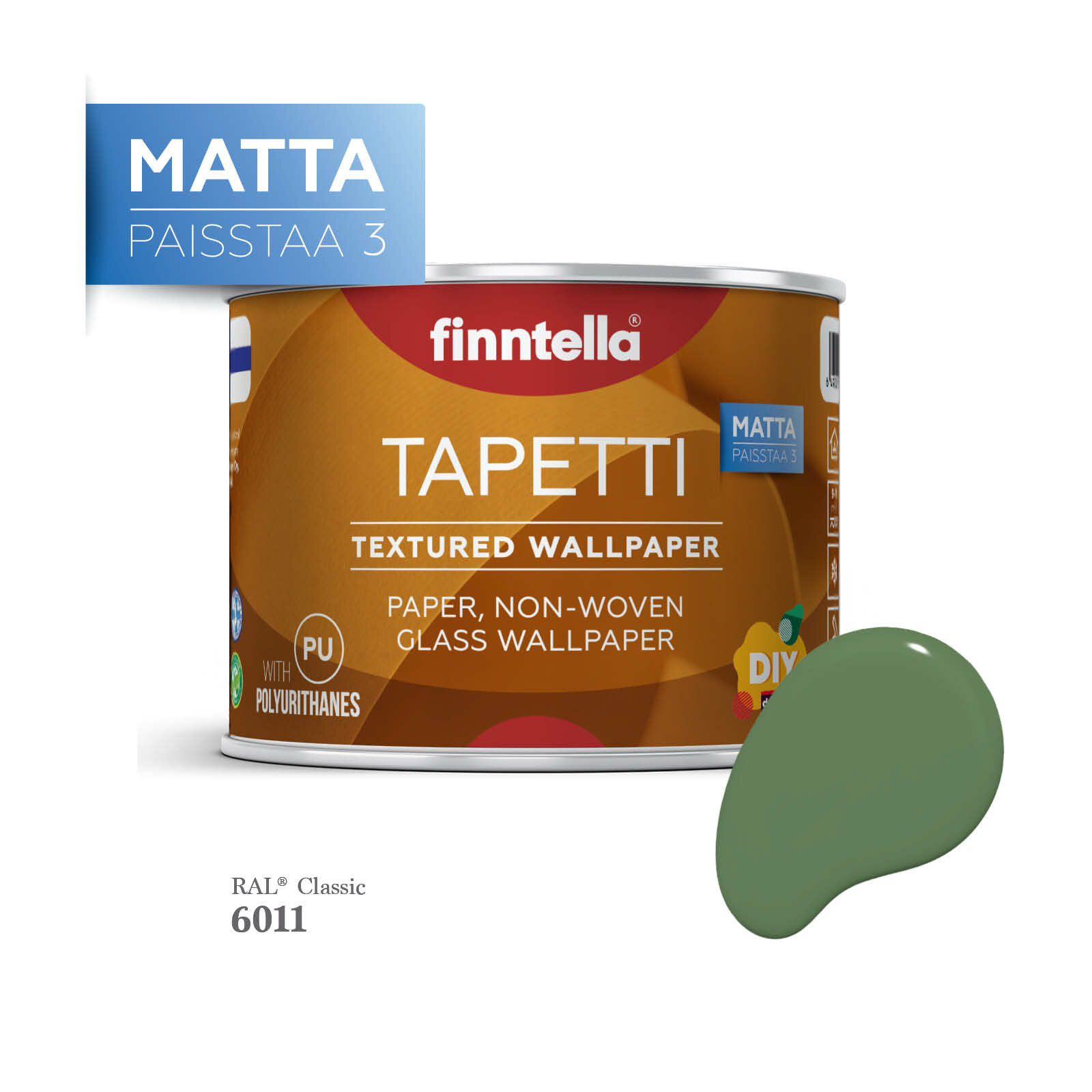 Матовая краска для обоев под окраску TAPETTI Matta FINNTELLA, Цвет RAL 6011 Резедово-зеленый (Reseda green), 0,45л