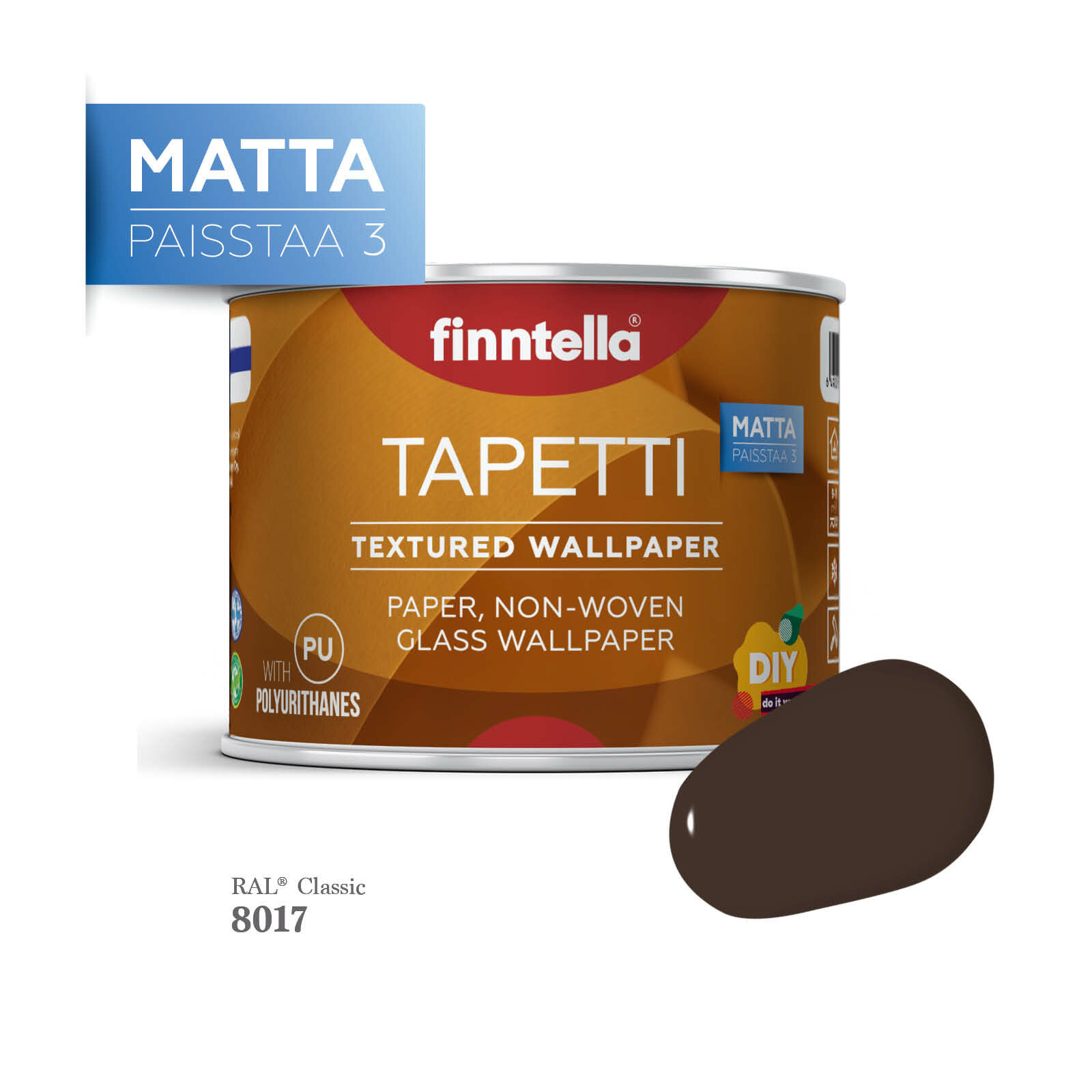 Матовая краска для обоев под окраску TAPETTI Matta FINNTELLA, Цвет RAL 8017 Шоколадно-коричневый (Chocolate brown), 0,45л