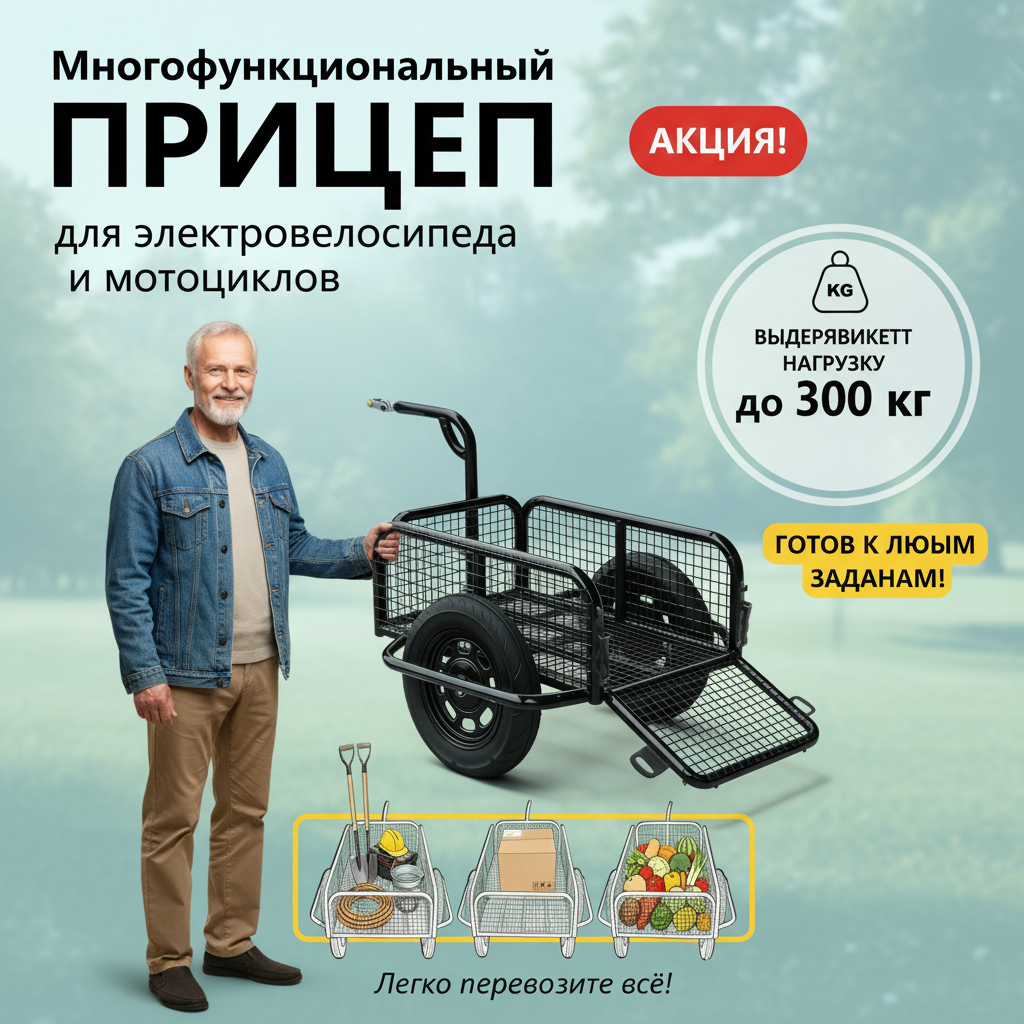 Прицеп на электровелосипеда, черный велокорзина, рассчитан до 300 кг, открывающаяся задняя дверца