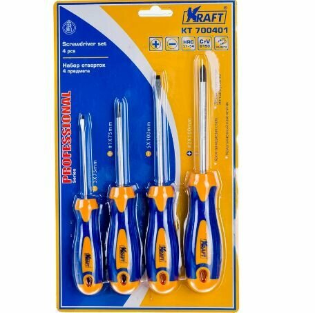 Набор отверток "KRAFT" KT 700401 (Phillips (PH)/Slotted (SL), CrV, 4 предмета)