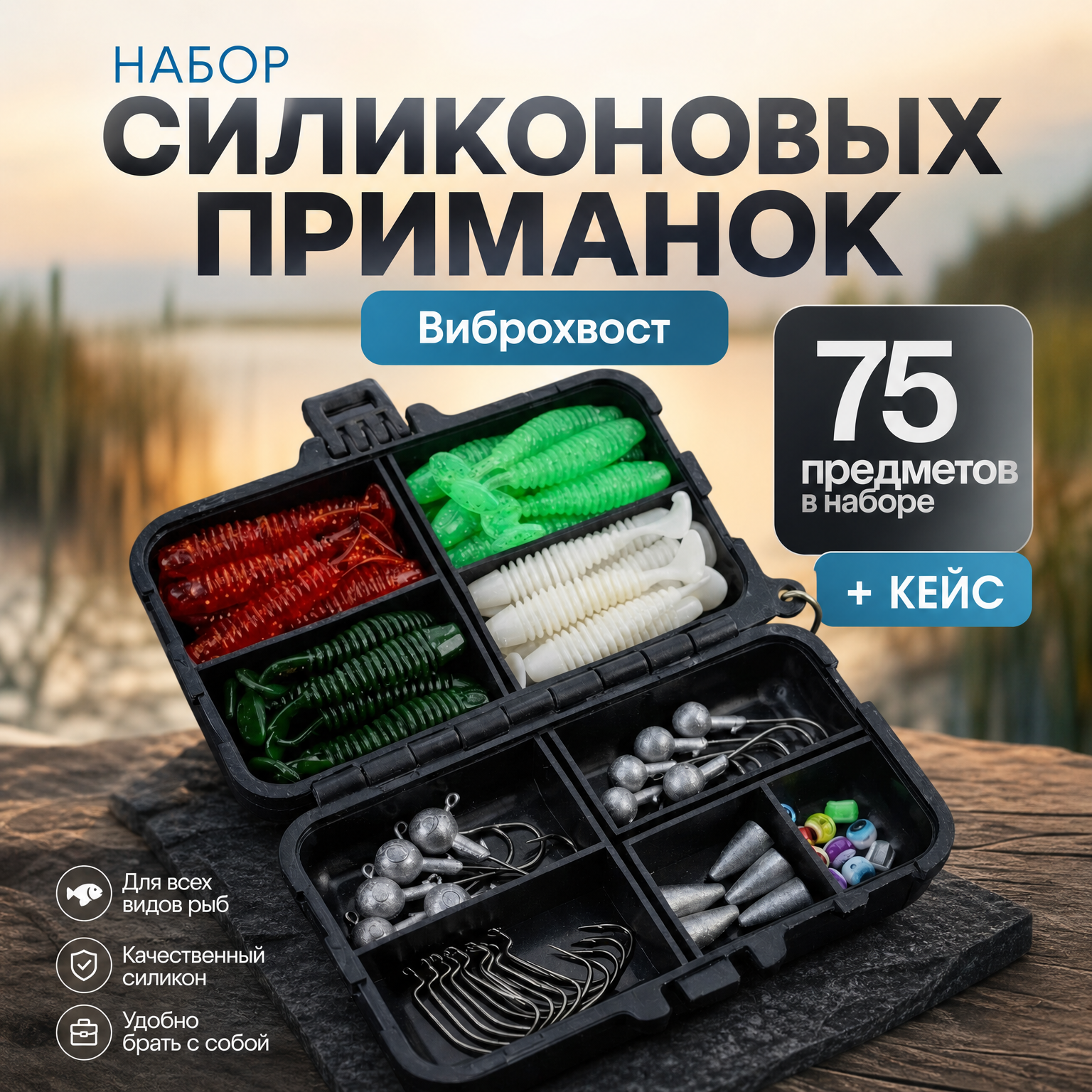 Силиконовый набор / Подарок мужчине / 75 элементов / Виброхвост набор / Подарочный кейс (Длина: 0.11 м; Цвет товара: черный; Размер приманки, дюймы: 1.7; Размеры, мм: 110x70x40)