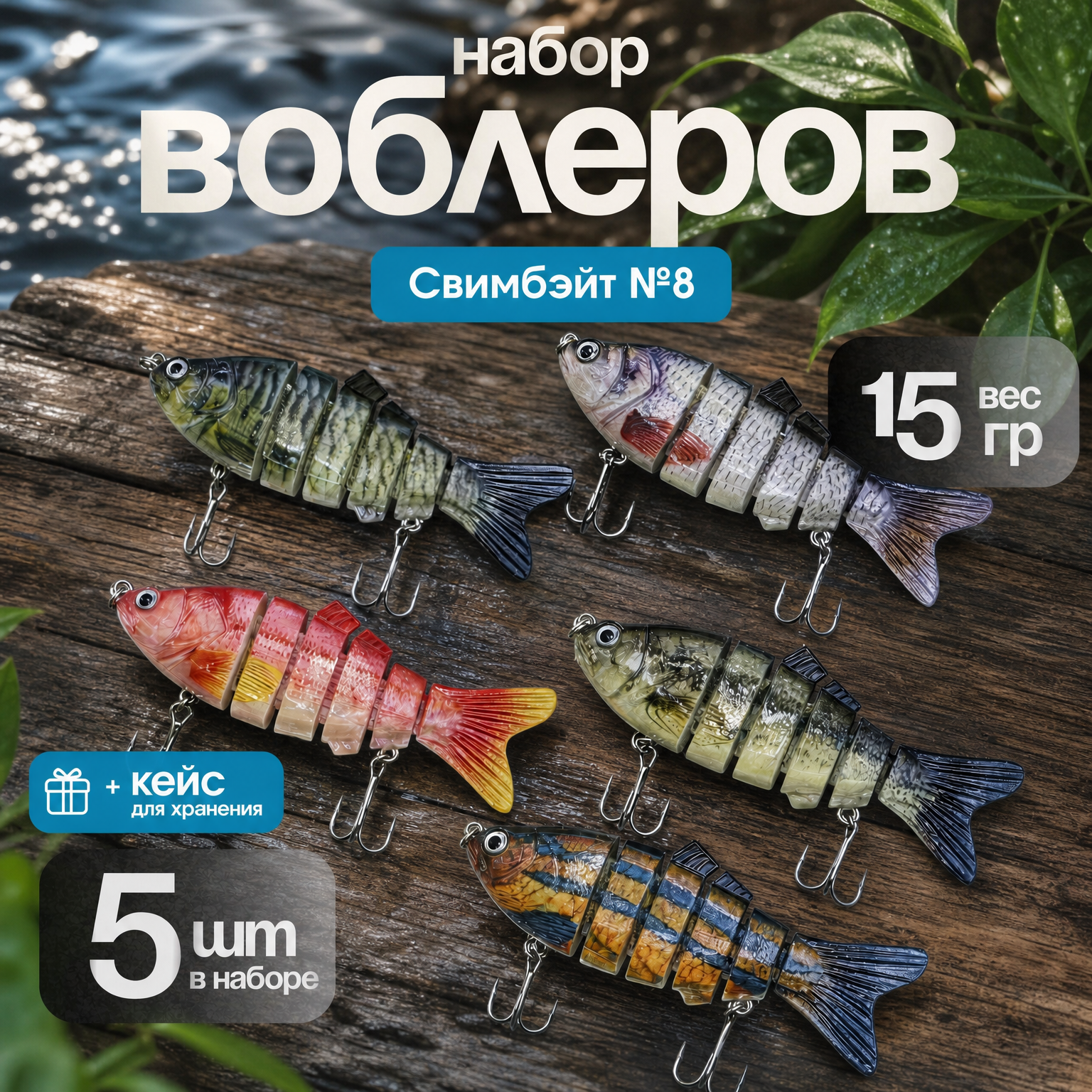 Набор свитбейтов для рыбалки на щуку / 5 шт в наборе / Вес: 15 гр / Свимбейт №8 (Цвет товара: золотисто-красный; Длина: 100 мм) / + кейс для хранения
