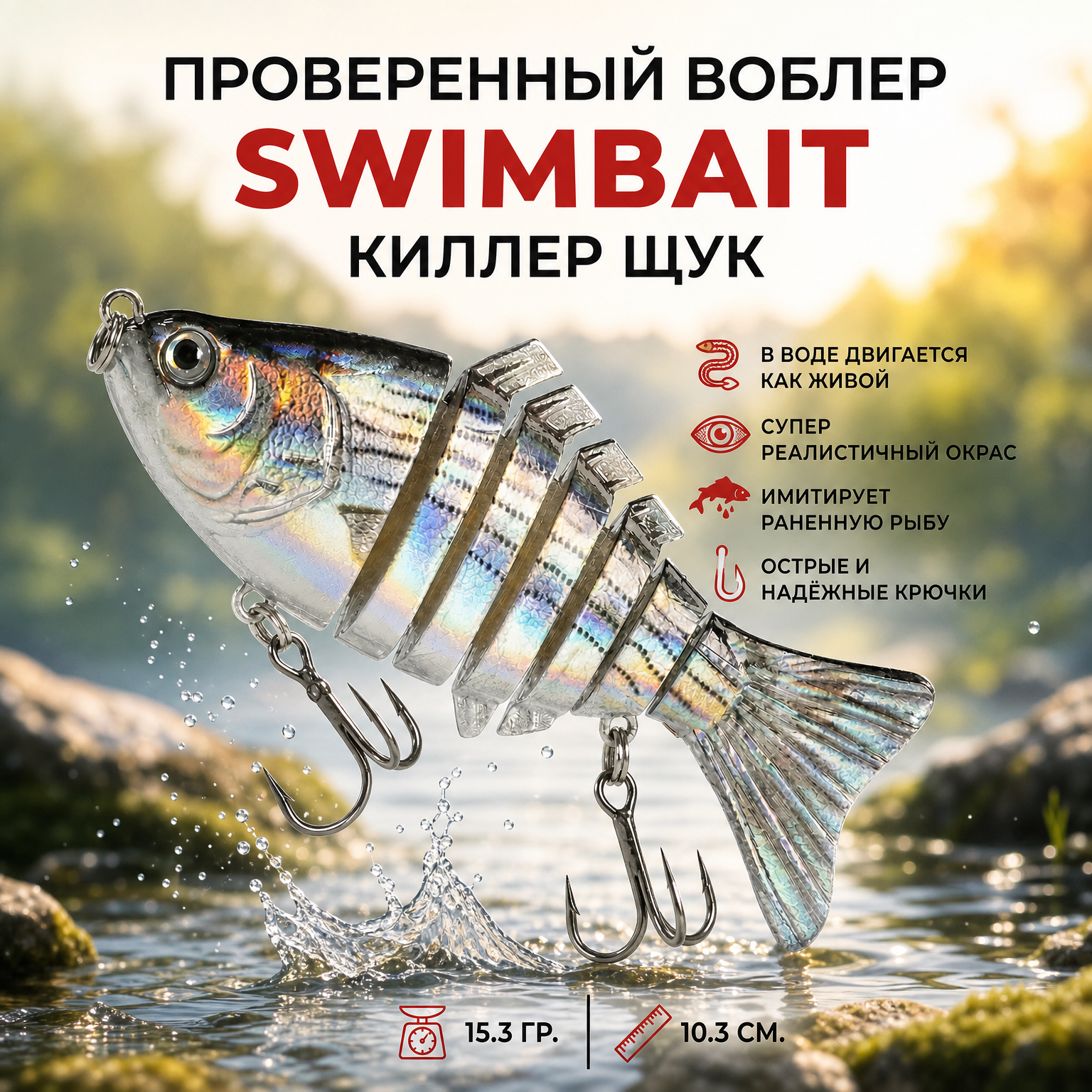 Проверенный многосекционный воблер SWIMBAIT – киллер хищной рыбы (щука, окунь, судак), 15,3 ГР. 10,3 СМ. (Цвет товара: серебристый)