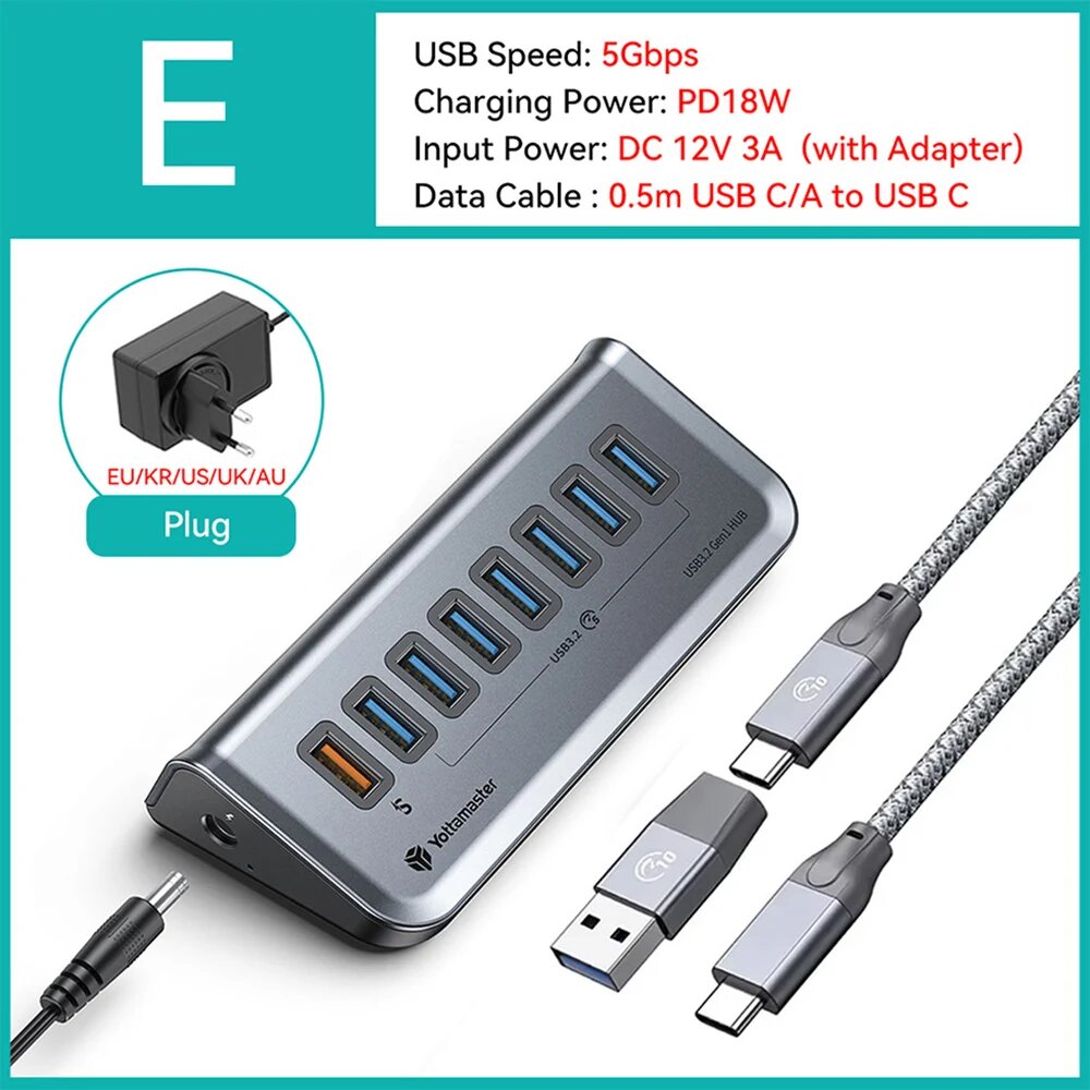 Yottamaster USB-хаб 5Gbps PD18W, Type-C, Цвет: E