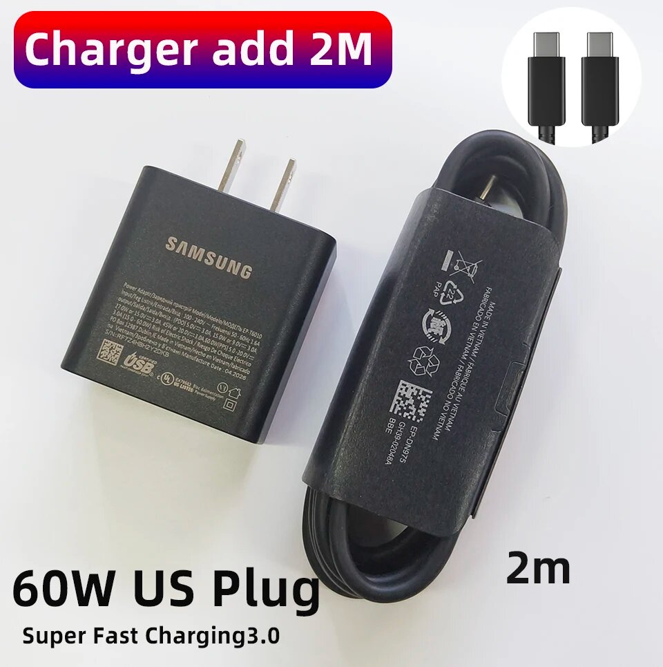 Оригинальное Быстрое Зарядное Устройство Samsung 60W С Адаптером USB-C EU/US Для Black US add 2M
