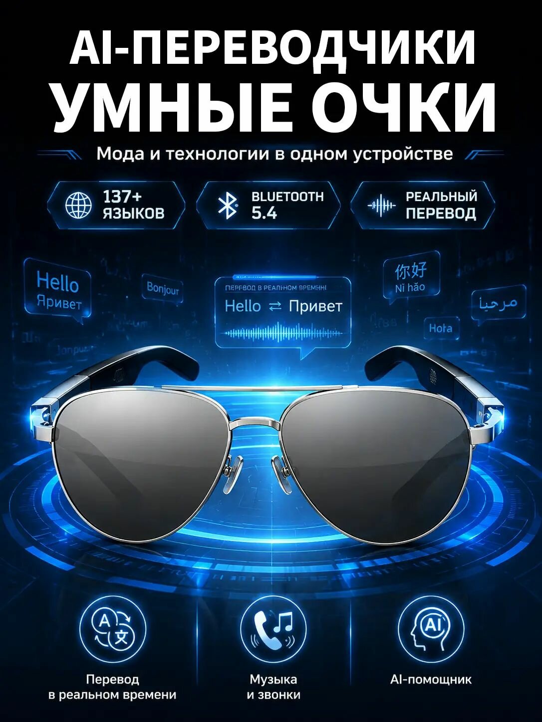 Умные очки с AI-переводчиком на 137 языков, музыка и звонки с микрофоном, 7 часов работы от аккумулятора. Оснащены современным Bluetooth 5.4
