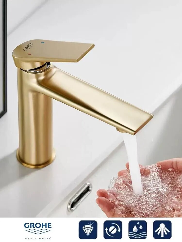 Смеситель для раковины в ванную GROHE золотой, кран для ванной в раковину, для умывальника, излив 137 мм, керамический картридж Soft Motion, высококачественная латунь, Германия, Гарантия 10 лет