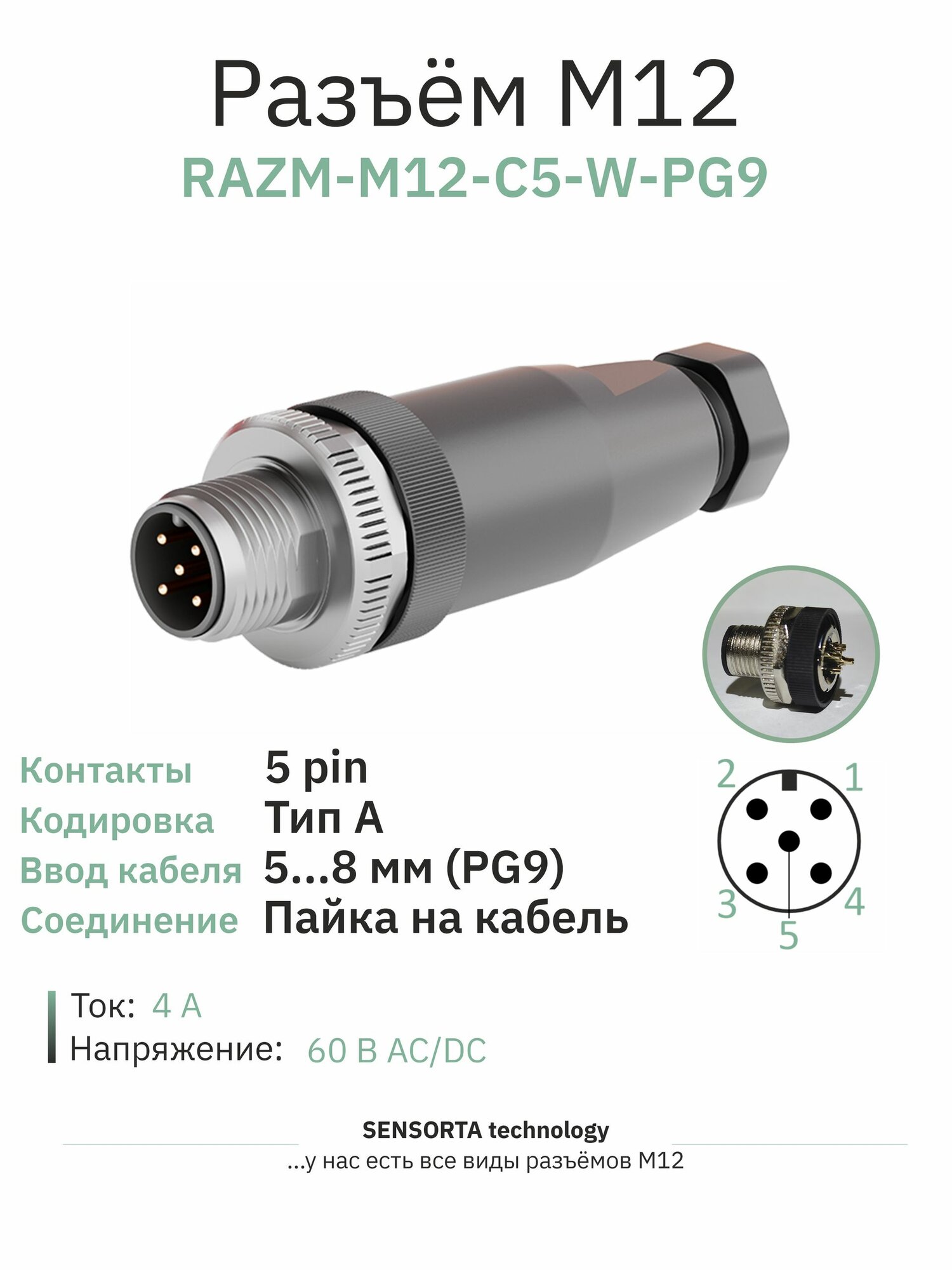 RAZM-M12-C5-W-PG9 разъём М12 5 pin прямой / вилка (папа) / PG9 (5-8 мм диаметр под кабель)