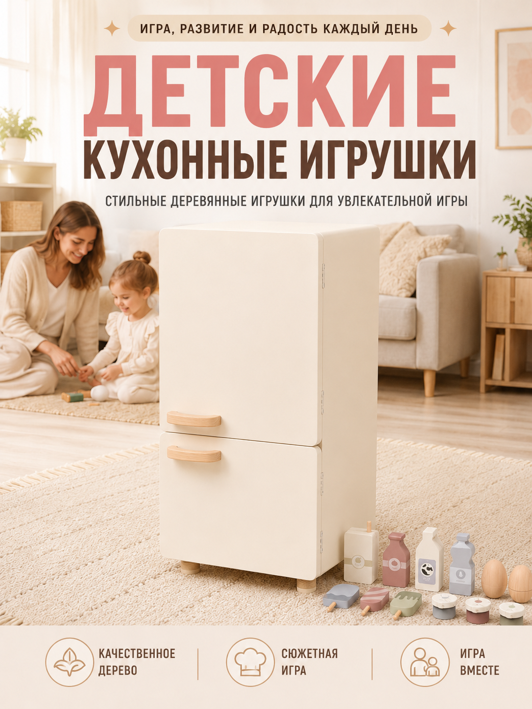 Игрушечная кухня детская деревянная с плитой и раковиной, для сюжетно-ролевых игр