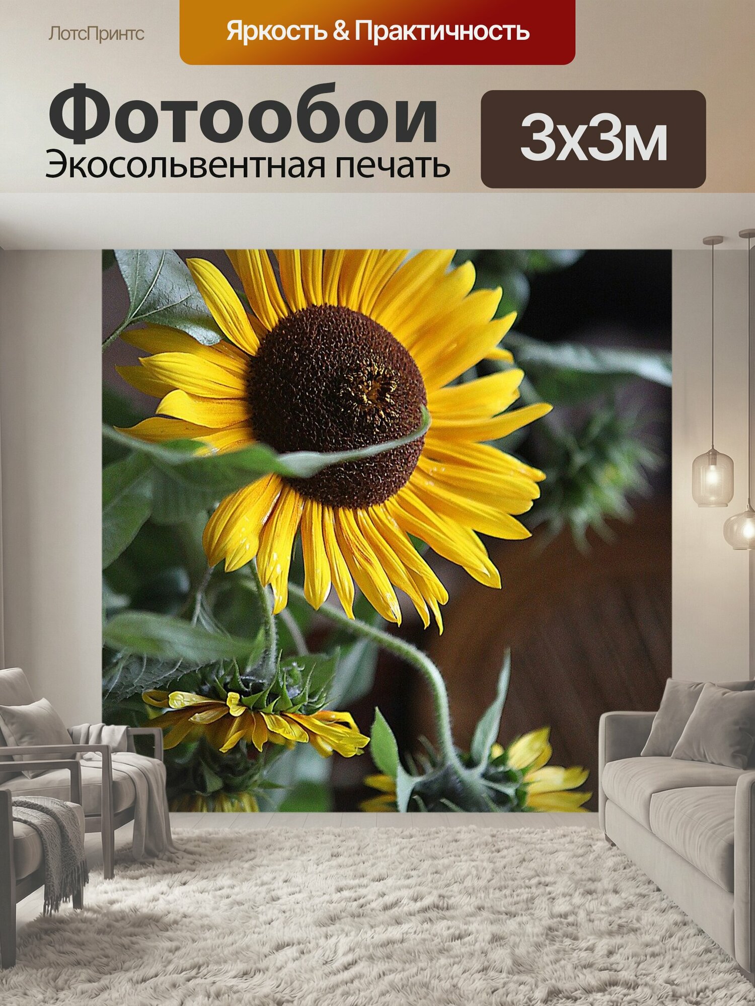 Фотообои "Подсолнухи, цветы, желтые цветы" 300x300 см. экосольвентная печать