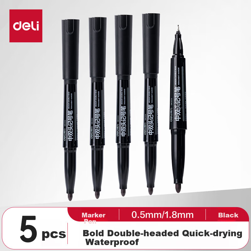 Deli Double-Headed Broad and Fine Tip Express Logistics Marker Pen Signing Pen Office Stationery Teaching Conference Pen Highlighter 1.8mm/0.5mm Black 5pcs/box SK221-5