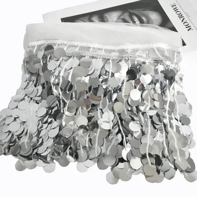 Декоративная тесьма Meetee с пайетками и бахромой 17 см Серебряный, 18cm-5Yards, Silver