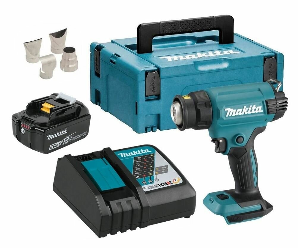 Аккумуляторный тепловой фен Makita DHG180RT1J, 18В, 550 град (кейс MakPac, насадки, 5.0 Ач х 1, з/у.)