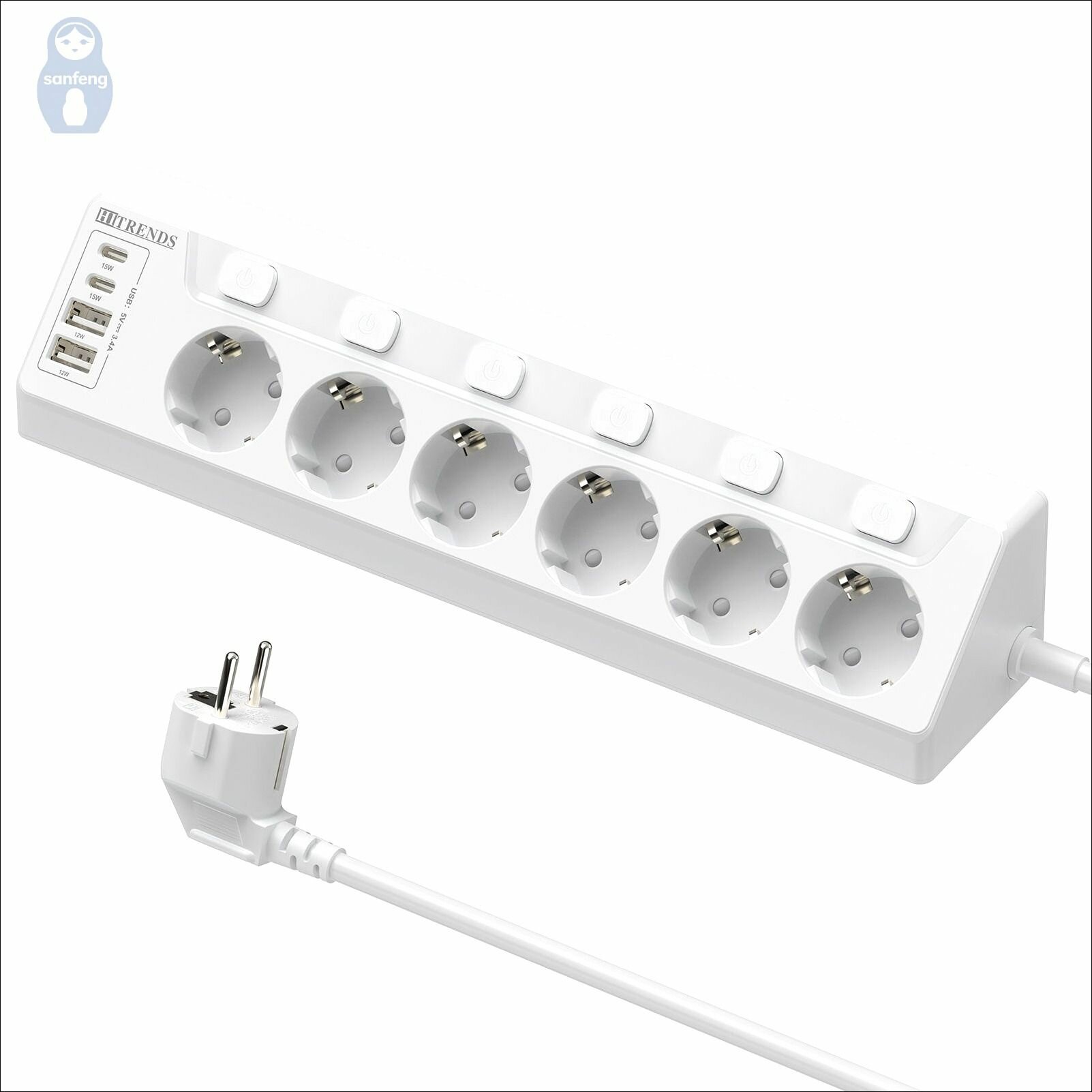 HITRENDS Удлинитель с 6 розетками и 2 USB + 2 Type-C, индивидуальные выключатели, защита от перегрузки, 4000W 16A 250V, огнестойкий и пылезащитный, кабель 2 м