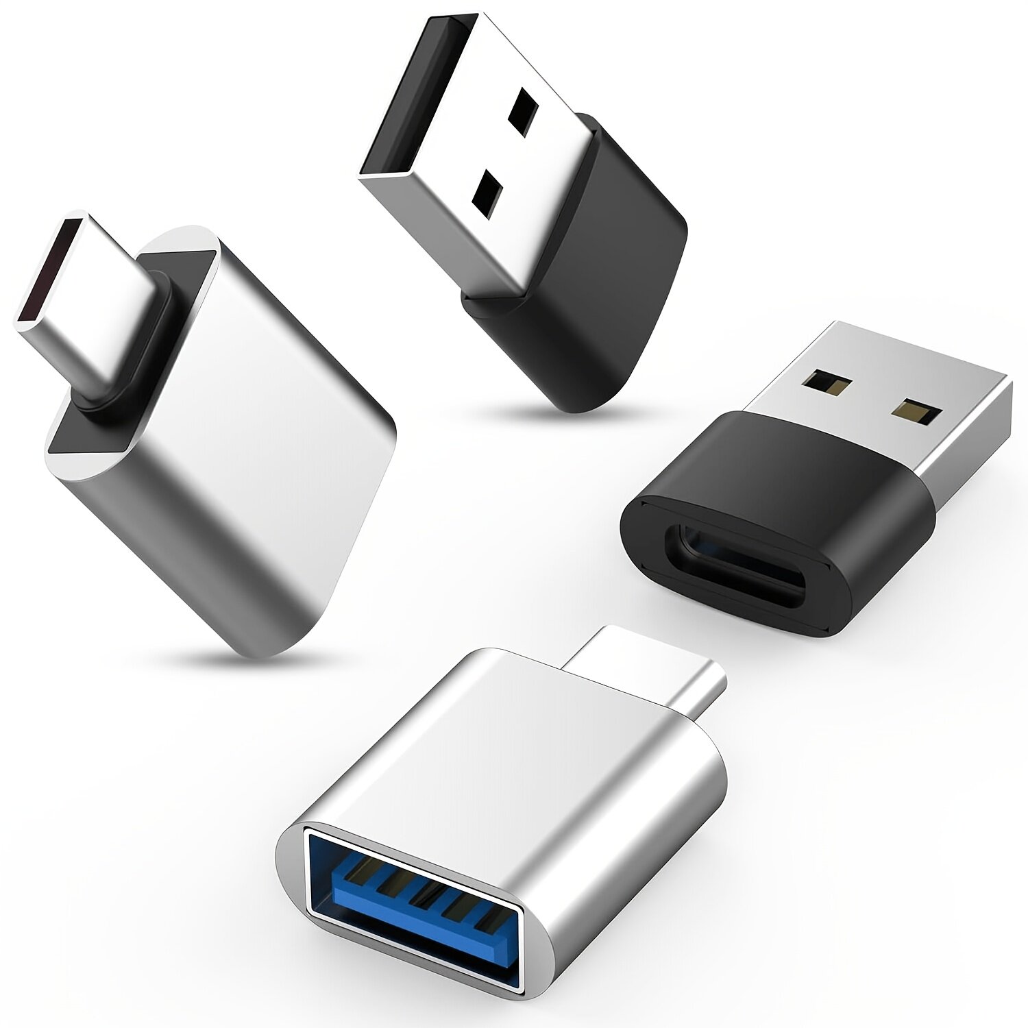 Набор из 4 переходников USB-C: 2 черных + 2 серебристых, USB 3.0 Female to USB-C Male и USB-C Female to USB 2.0 Male, быстрая зарядка и передача данных для iPhone 16, 15, MacBook, iPad Air, Samsung и других устройств с разъемом Type-C.