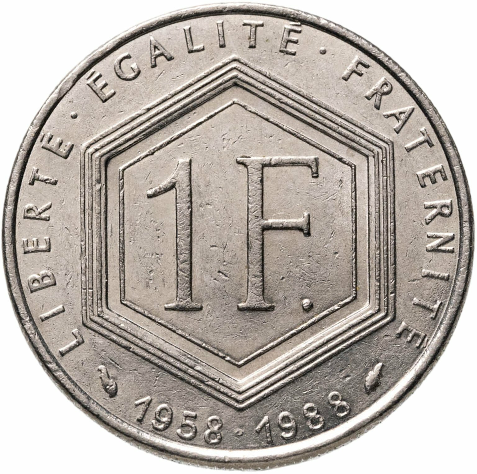 Франция 1 франк 1988 "30 лет Пятой Республике", Никель, в сохранности XF
